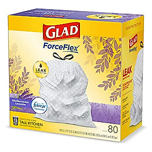 Glad ForceFlex Tall Kitchen Drawstring Trash Bags 13 Gallon White Trash Bag, Mediterranean Lavender scent with Febreze Freshness 80 Count (Package May Vary)