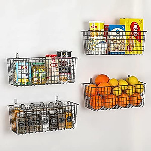 4 Set [Extra Large] Hanging Wall Basket for Storage, Wall Mount Sturdy Steel Wire Baskets, Metal Hang Cabinet Bin Wall Shelves, Rustic Farmhouse Decor, Kitchen Bathroom Organizer, Industrial Gray