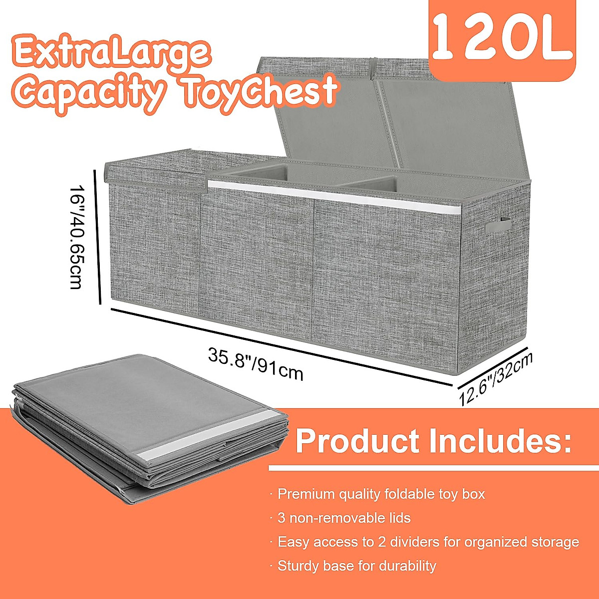 Extra Large Toy Box, Toy Storage Organizer with Lid, Oxford Fabric Collapsible Sturdy Toy Chest Bins Baskets for Livingroom,Playroom, Nursery, Bedroom, Closet (Light Grey)