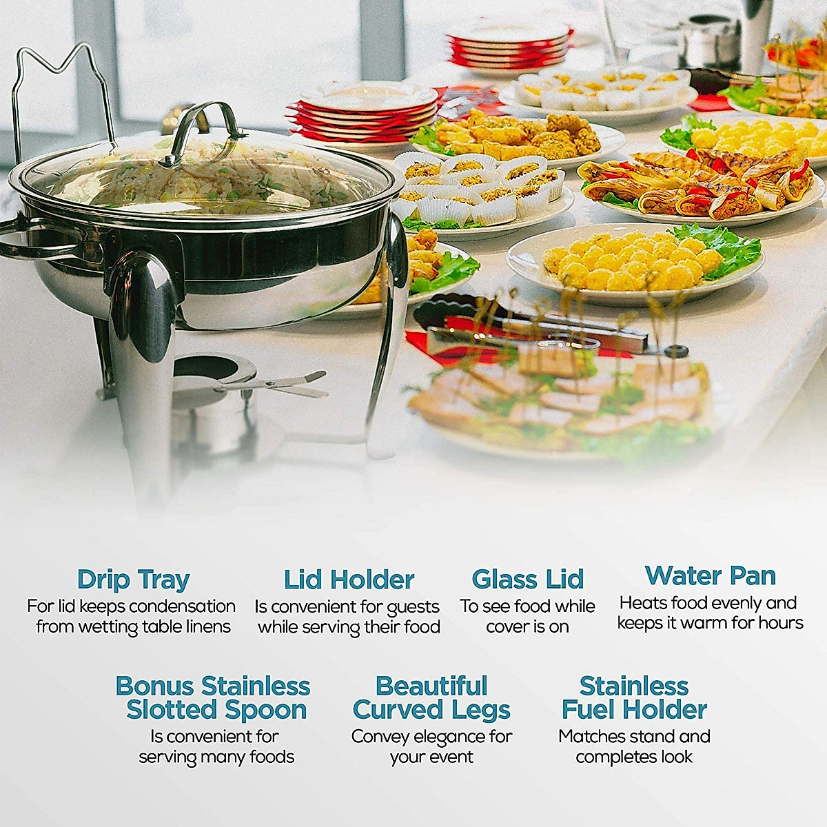 4 Quart Round Stainless Steel Chafing Dish with Bonus Slotted Spoon and Drip Tray for Lid| Keeps linens Dry | for Wedding, Graduation, Events, Parties | Sterno Holder…