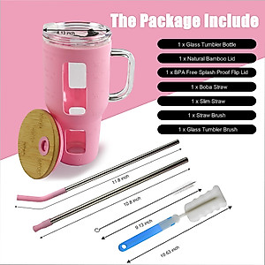 32 oz Glass Tumbler with Bamboo Mug 2 Straws & 2 Lids, Reusable Glass Water Bottles with Handle, Iced Coffee Cup with Silicone Sleeve, Boba and Drinking Straw Fits in Car Cup Holder BPA Free,Pink