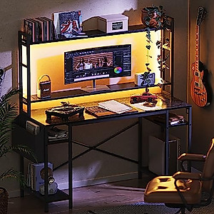 Huuger 55 inch Computer Desk with Adjustable Shelves, Gaming Desk with LED Lights & Power Outlets, Home Office Desk with Monitor Stand, Hooks & CPU Stand, Black