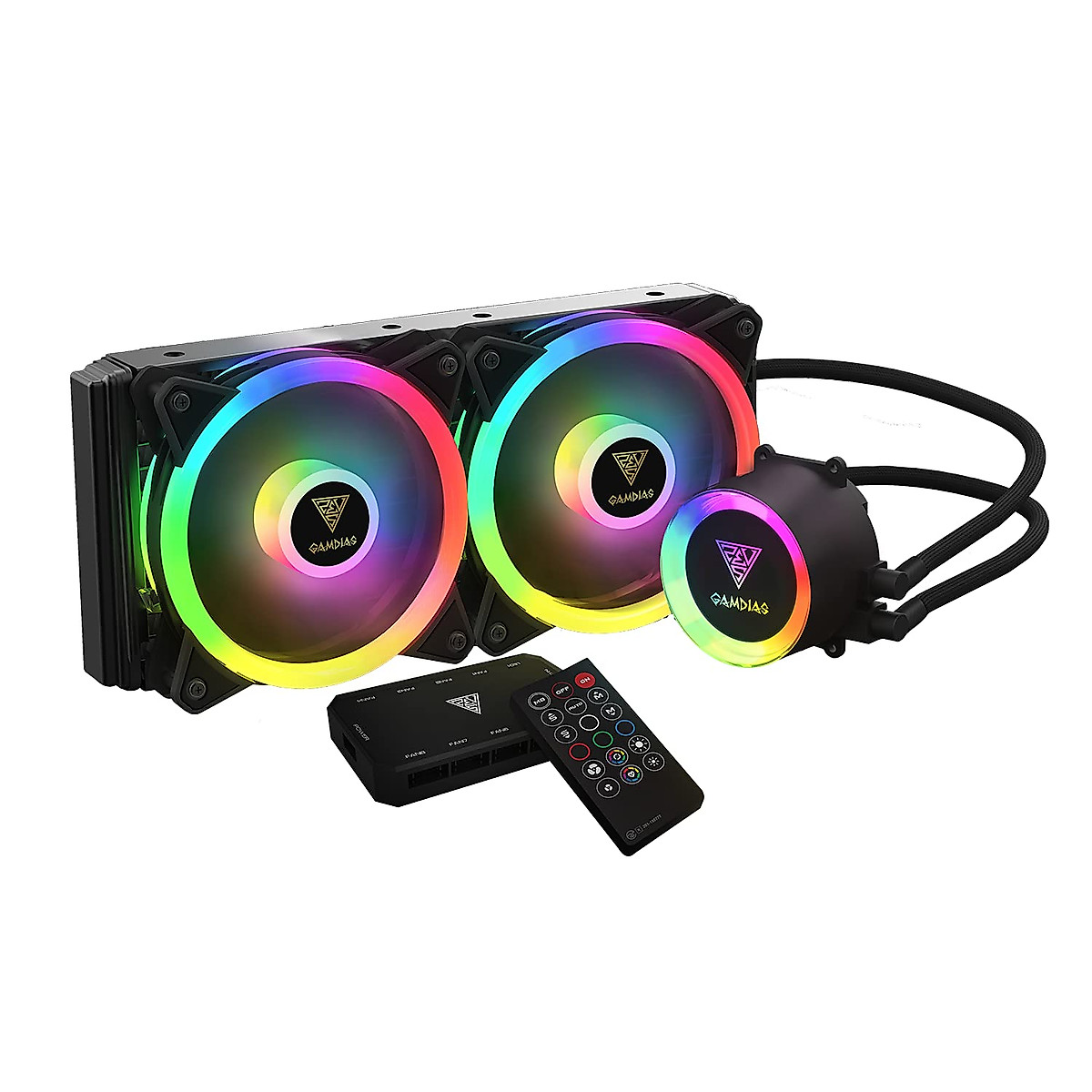 Gamdias CPU Liquid Cooler 240mm RGB for Gaming PC, Computers with 2 PWM Dual Ring RGB Fans, AIO Lighting Cooling Kit, All-in-One CPU Water Cooler with Radiator, Remote and Hub