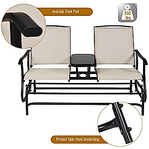 S AFSTAR Patio Glider Bench, 2-Person Outdoor Glider Chair with Center Table, Double Rocking Chair Loveseat for Patio Backyard Poolside Lawn (Beige)