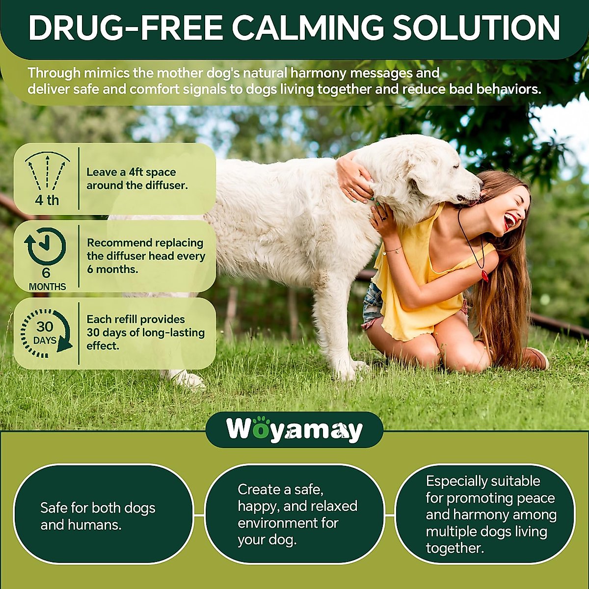 Woyamay Dog Calming Diffuser Kit - Dog Pheromones for Anxiety Relief-5-in-1 Kit with 1 Diffuser+4 Refill Vials (48ml) - Up to 120 Days of Stress Reduction, Reduces Separation Anxiety and Aggression