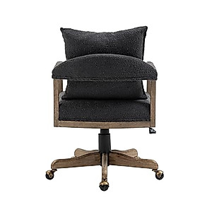 Luoyisimall Adjustable Swivel Desk Chair，Boucle Upholstered Seat Home Office Computer Chair with Wheels and Back Pillow,Solid Wood Task Execution Armchair for Office Study Makeup (Black)