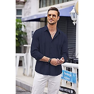 COOFANDY Men's Cuban Guayabera Shirts Casual Long Sleeve Button Down Shirt Summer Beach Tops Navy Blue