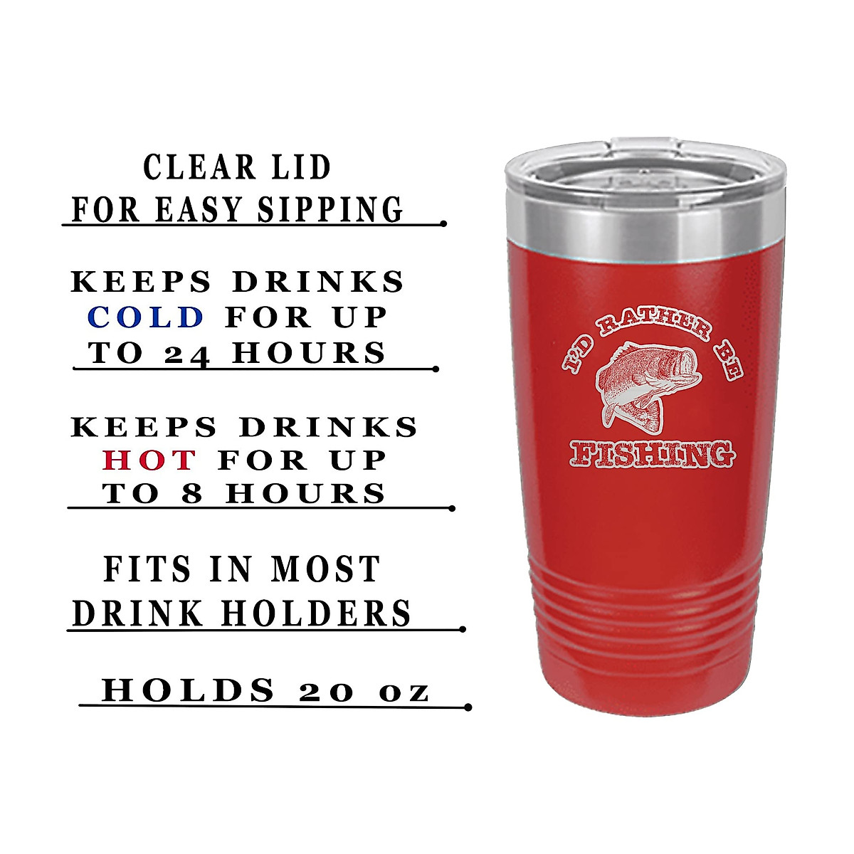 Rogue River Tactical Funny Fishing 20 Oz. Travel Tumbler Mug Cup w/Lid Vacuum Insulated Hot or Cold I'd Rather Be Fishing Bass Fishing Gift Fish (Red)