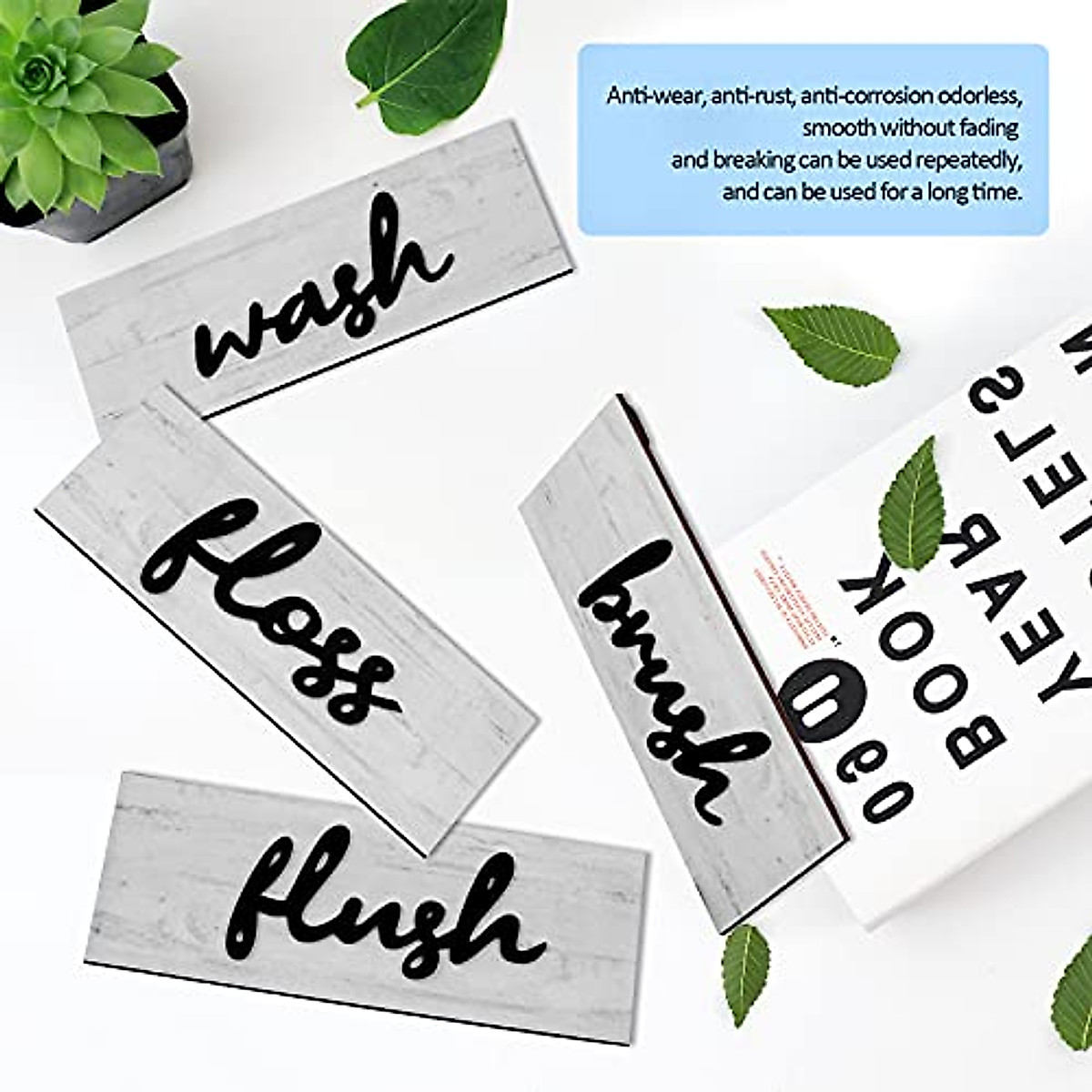 4 Pieces Farmhouse Bathroom Wall Decors wash brush floss flush sign Relax Soak Bathroom Decoration Card Set, Wall Art Old-Fashioned Wooden Decorations for Family Laundry Bathroom (White,10 x 3.7 Inch)