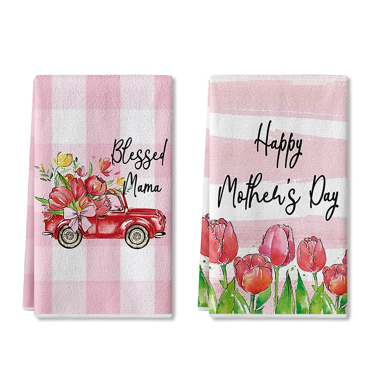 Artoid Mode Watercolor Stripes Buffalo Plaid Tulip Blessed Mama Happy Mother's Day Home Kitchen Towels, 18 x 26 Inch Ultra Absorbent Coffee Tea Bar Hand Towels Gift for Cooking Baking Set of 2