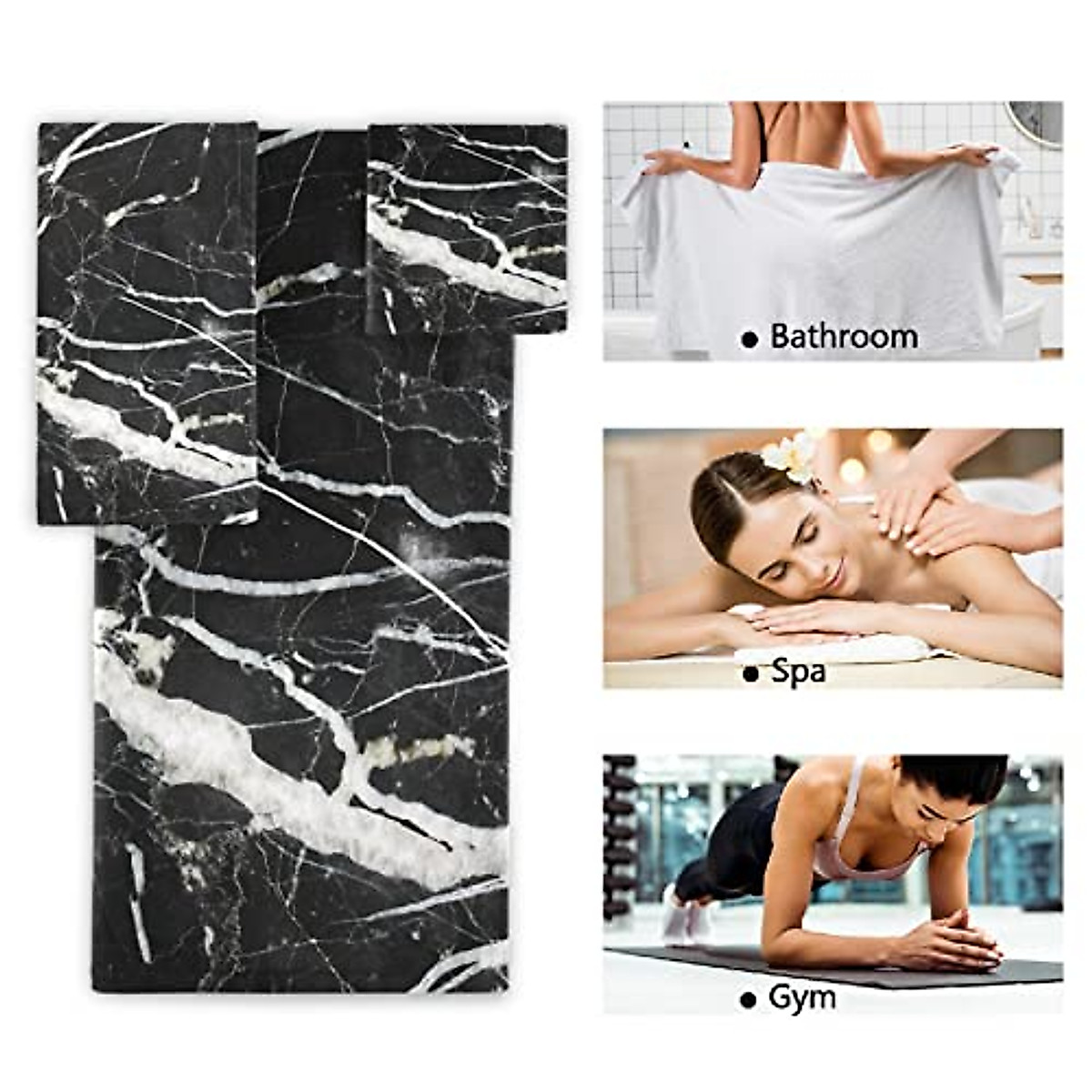 Naanle Black and White Marble Towel 3 Piece Set Bath Towels Set for Bathroom Highly Absorbent Cotton, 1 Large Bath Towel+ 1 Hand Towel+ 1 Washcloth, Pack of 3 Softness Towels for Decoration
