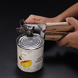 AmJoylst Stainless Steel Can Opener Manual Kitchen Acacia Wooden Handle With Hang Hole Durable (Can opener)