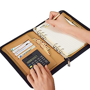 Marte Vanci A5 Padfolio with Calculator PU Leather Business Portfolio Zippered Conference Folder Organizer 6 Ring Lined Notebook Binder Loose Leaf Refillable Travel Journal Gift for Men (Black)