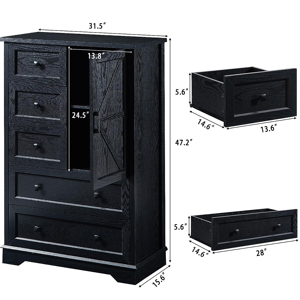SOOWERY Dresser for Bedroom, 5 Drawer Wood Dresser, Black Dresser Farmhouse Dressers with 5 Wooden Drawers and Storage Cabinet, 48 Inch Tall Chest of Drawers for Bedroom, Living Room