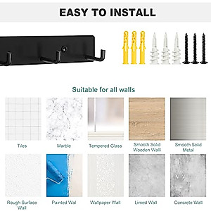 Lwenki Key Holder for Wall, Key Rack with 4 Key Hooks to Hang Keyrings, Dog Leash, Umbrella, Sunglasses – Key Hanger with Mounting Hardware for Glass, Tile and Wood (10.9” x 1.4” x 1.0”) (Black)