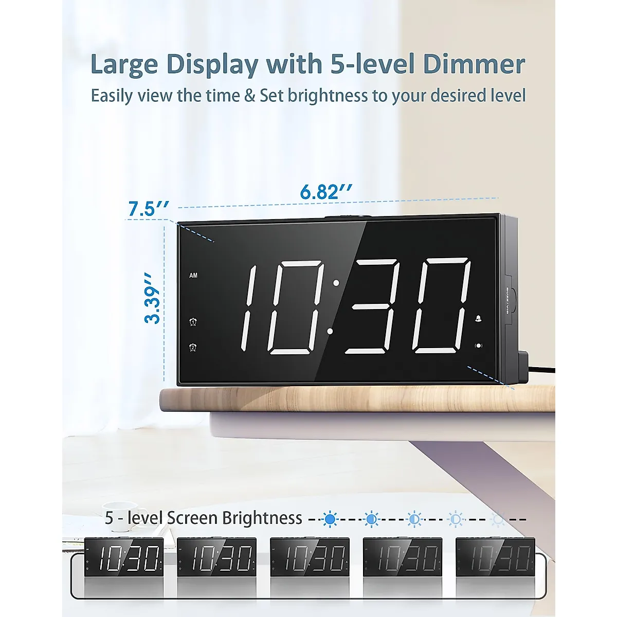 Loud Alarm Clock with Bed Shaker for Heavy Sleeper, Dual Vibrating Alarm Clock with USB Charger for Hearing-impaired Deaf, 7.5’’ Large LED Display with Dimmer, Snooze, 12/24H & Battery Backup