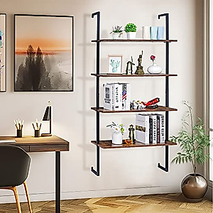 ZenStyle 4-Shelf Bookcase, Industrial Floating Shelves Wall Mount with MDF Wood and Black Metal Frame, Nutmeg/Black