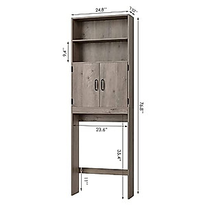 HOSTACK Over The Toilet Storage, Double Door Bathroom Organizer Toilet Cabinet, Freestanding Above Toilet Rack with Open Shelves and Adjustable Bottom Bar, 76.8 in H, Ash Gray
