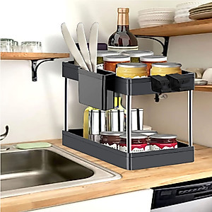 WAYLHECT 2 Tier Under Sink Organizer,Under Bathroom Sink Organizer,Under Kitchen,Bathroom Cabinet Organizers and Storage, 2 Pack Under Bathroom Sink Organizers Basket，with Hooks，Hanging Cups