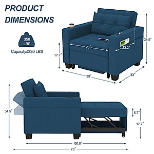 DURASPACE 39 Inch Sleeper Chair 3-in-1 Convertible Chair Bed Pull Out Sleeper Chair Beds Adjustable Single Armchair Sofa Bed with USB Ports, Side Pocket, Cup Holder (Navy Blue Linen)