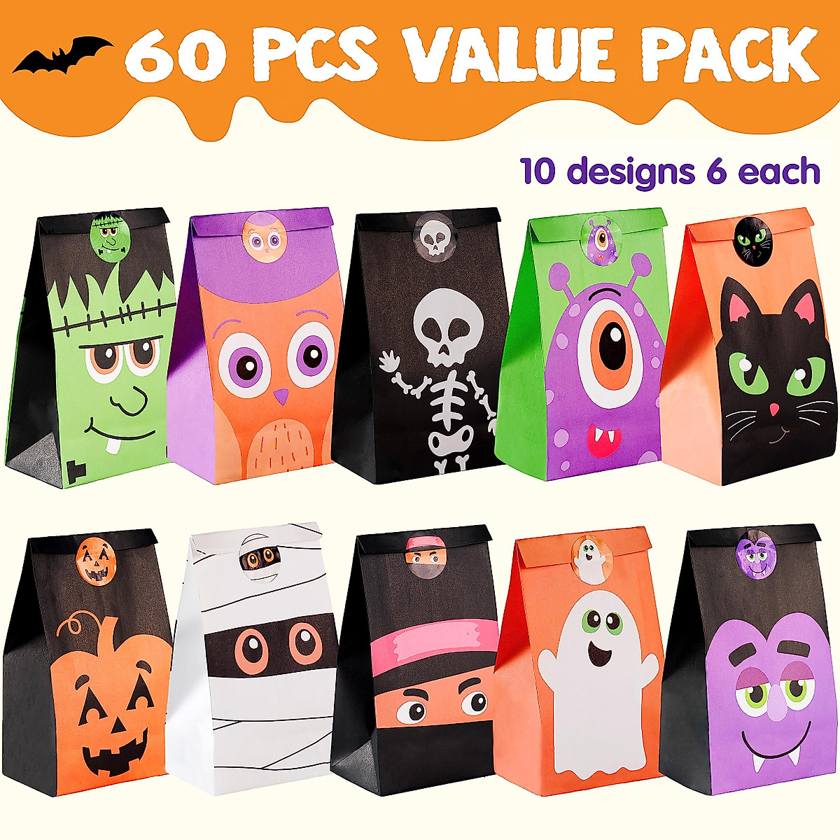 JOYIN 60 PCS Halloween Characters Paper Treat Bags, Trick or Treat Goodie Bags, Candy Bags with Stickers for Halloween Party Favor Supplies