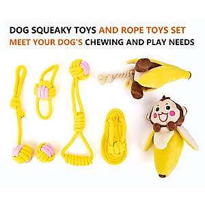 UNIWILAND 7 Pack Dog Chew Toys Pack for Dogs, 2 Cute Dog Squeaky Dog Toys with 5 Ropes Puppy Chew Toys, Puppies Teething Chew Toys, Cute Plush Dog Toys for Medium Small Dogs Boredom (Cute Monkey)