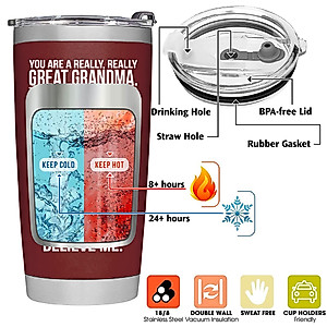 BETHEGIFT Mothers Day Gifts for Grandma from Grandaughter, Grandson, Kids - Great Grandma Coffee Tumbler on Birthday, Christmas, Durable Stainless Steel, Insulated for Hot or Cold Drinks 20oz, Red