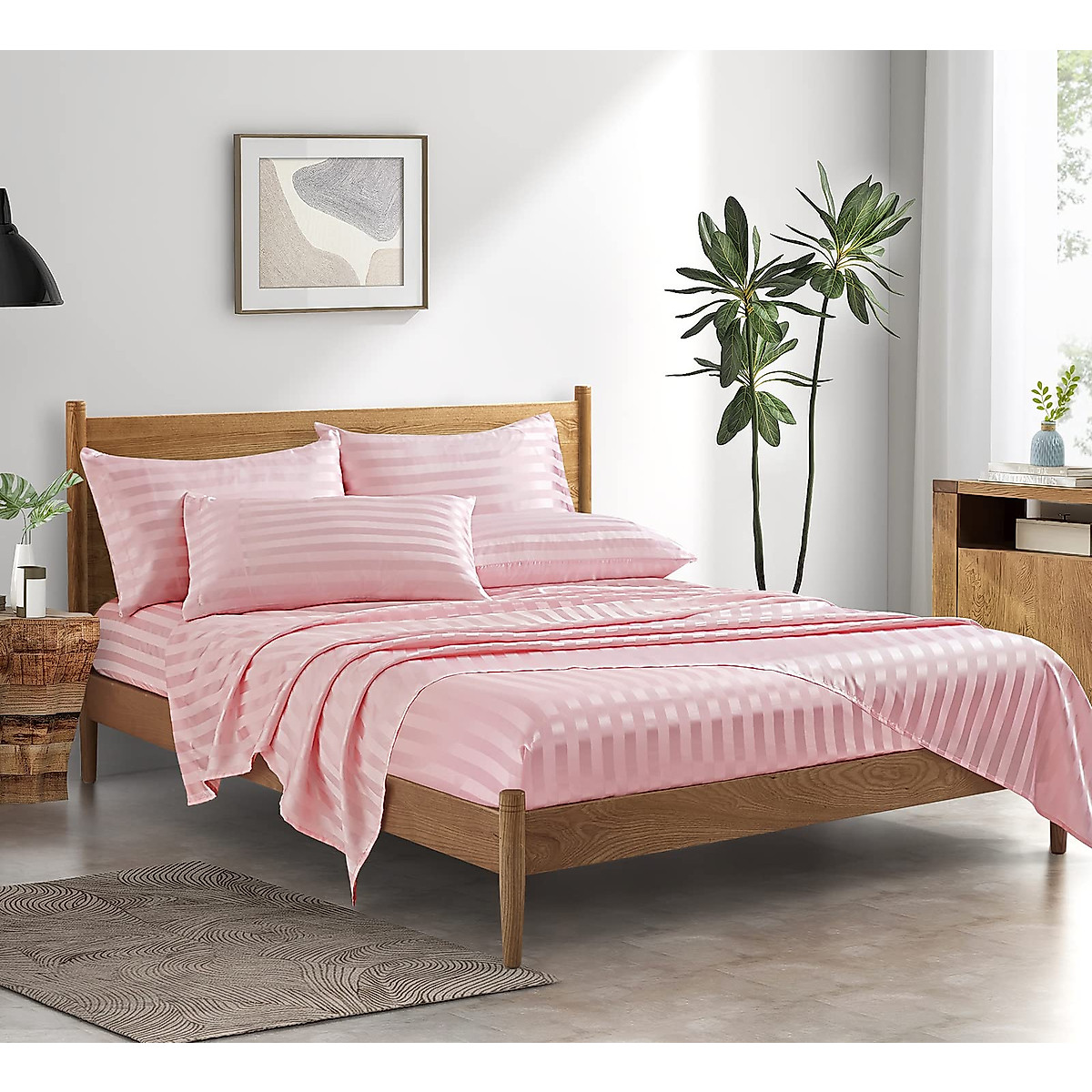 P Pothuiny Queen Satin Bed Linen Set, 6 Pieces Blush Pink Striped, Luxury Bedding with 1 Fitted Sheet, 1 Flat Sheet, 4 Pillowcases