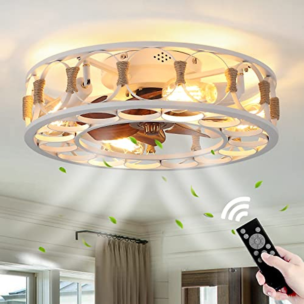 BUXVRCS 19.68'' Flush Mount Caged Ceiling Fan with Lights, Farmhouse Rustic Low Profile Ceiling Fans, 4-Light Vintage Enclosed Ceiling Fan Lighting Fixture Remote Control (Including 5 Bulbs) (White)