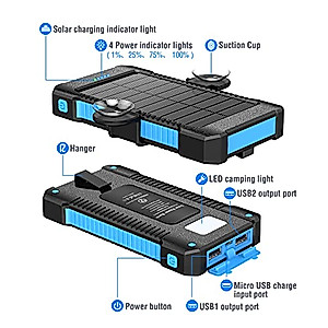 MetFut Solar Power Bank 38800mAh, Solar Charger with Suction Cup Mount Three Modes Flashlight-Steady/SOS/Strobe IPX7 Waterproof/Dustproof/Shockproof External Battery Pack 3 USB Charging Ports(Blue)