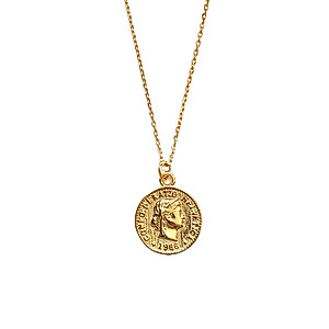 Dtja Carved Gold Coin Pendant Necklace for Women Girls 925 Sterling Silver 18K Gold Plated Simple Round Chain Goddess Worship Celebrity Medal Reversible Keepsake Chic Choker Fashion Jewelry Gifts Box