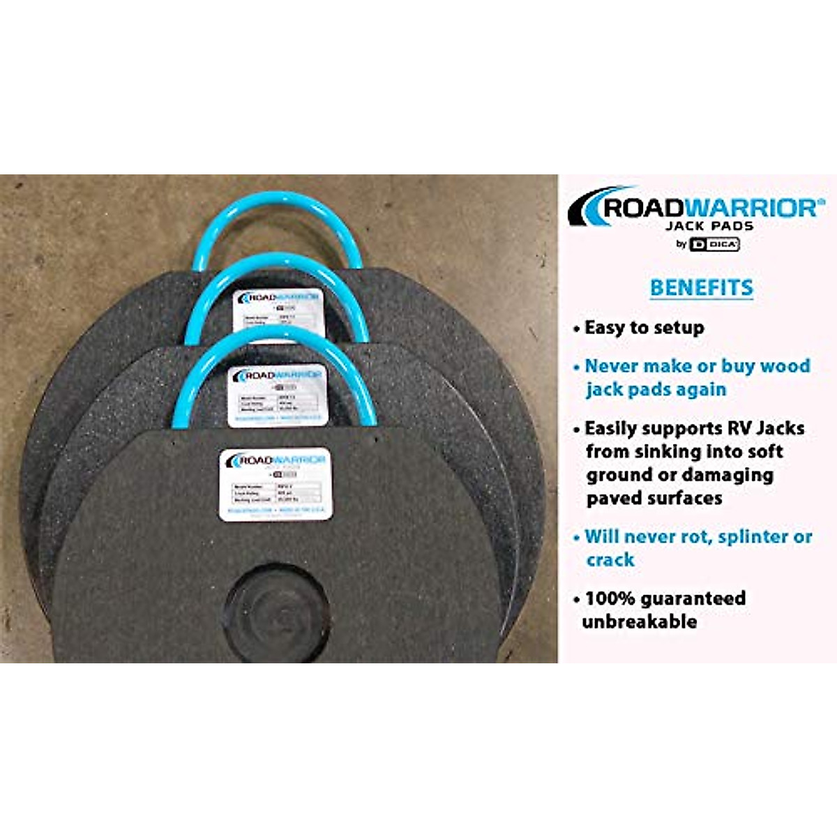 RoadWarrior Heavy Duty RV Jack Pad - Lightweight, Stackable, Waterproof, Unbreakable Outrigger Pad with Ergonomic TuffGrip Handle (One Pad,15"X1.5")