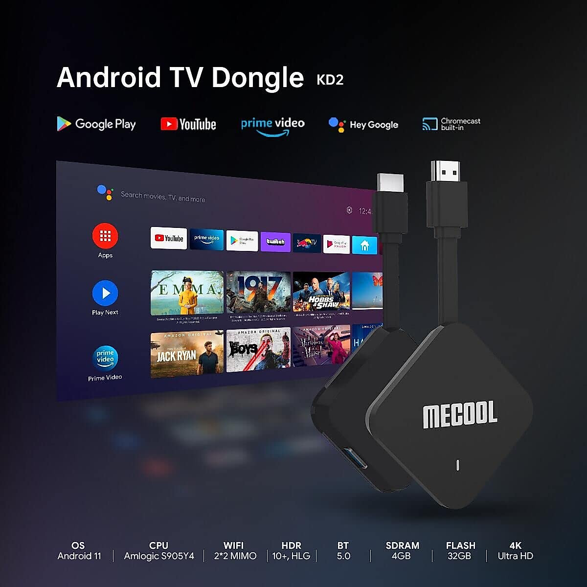 Mecool KD2 Google Certified Amlogic S905Y4 TV Stick Android 11 DDR4 4GB 32GB 2.4G/5G Dual WiFi YouTube 4K TV Box BT 5.0, Black