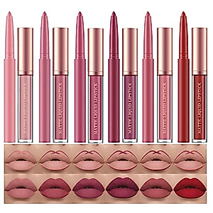 BestLand 12Pcs Matte Liquid Lipstick + Lip Liner Pens Set, One Step Lips Makeup Sets Pigment Velvety Nude Lip Stain Waterproof Long Wear Lip Gloss Make up Gift Set (Set B)
