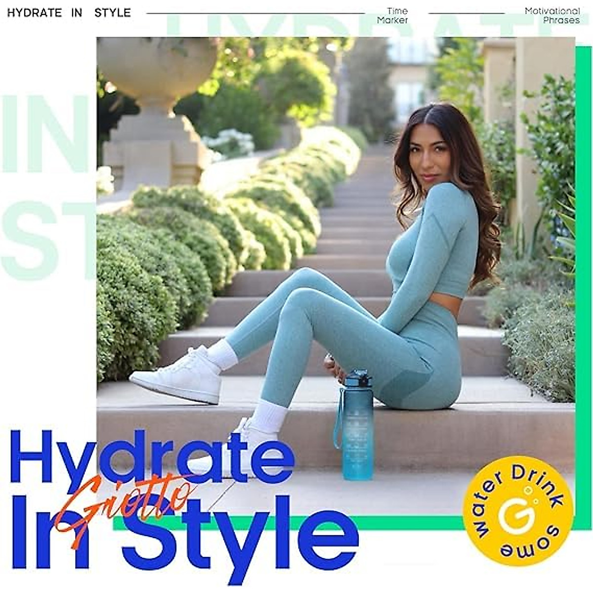 Giotto 32oz Large Leakproof BPA Free Drinking Water Bottle with Time Marker & Straw to Ensure You Drink Enough Water Throughout The Day for Fitness and Outdoor Enthusiasts-Ombre Orange Green