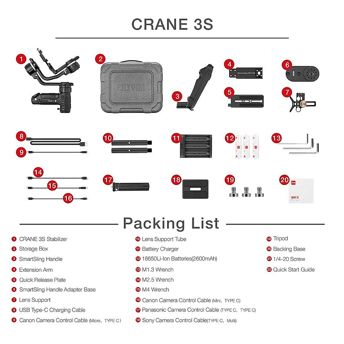 Zhiyun Crane 3S Gimbal Stabilizer for Mirrorless DSLR Cinema Cameras Camcorder for Sony Canon Panasonic Nikon Camera, Blackmagic 6K 4K, Modular Design, Max Payload 6.5kg (Smartsling Handle)