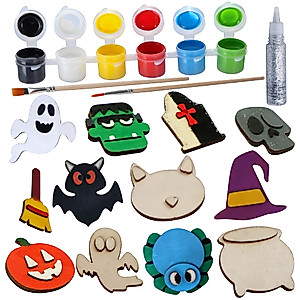 JOYIN 12 Pcs Halloween Wooden Magnet Creativity Arts & Crafts Painting Kit for Kids, Decorate Your Own Painting Gift, Family Activity Project Birthday Gift Favors for Boys Girls