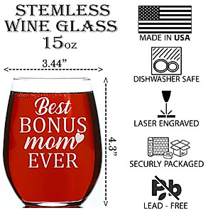 CARVELITA Best Bonus Mom Ever, 15oz Stemless Wine Glass, Mother's Day Gift for Stepmom, From Daughter, Son, Birthday Gift for Bonus Mom