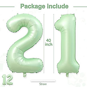 21 Balloon Number, 40 Inch Light Green Foil Balloons Giant Jumbo Helium Number 21 or 12 Balloons for Boys Girls 21th 12th Birthday Decorations Anniversary Events Party Decorations(Light Green)