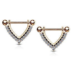 Forbidden Body Jewelry Pair of Surgical Steel 9/16 Inch (14mm) CZ Lined Black Accent Sexy Dangle Nipple Rings, Rose Gold Tone