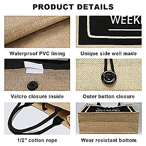 MGahyi Jute Tote Bags, Burlap Beach Bags with Handles,Reusable Tote Grocery Shopping Bag, Big Capacity Waterproof Lining,Retro Flax Shoulder Bag with Canvas Pocket Bag(Black,L)