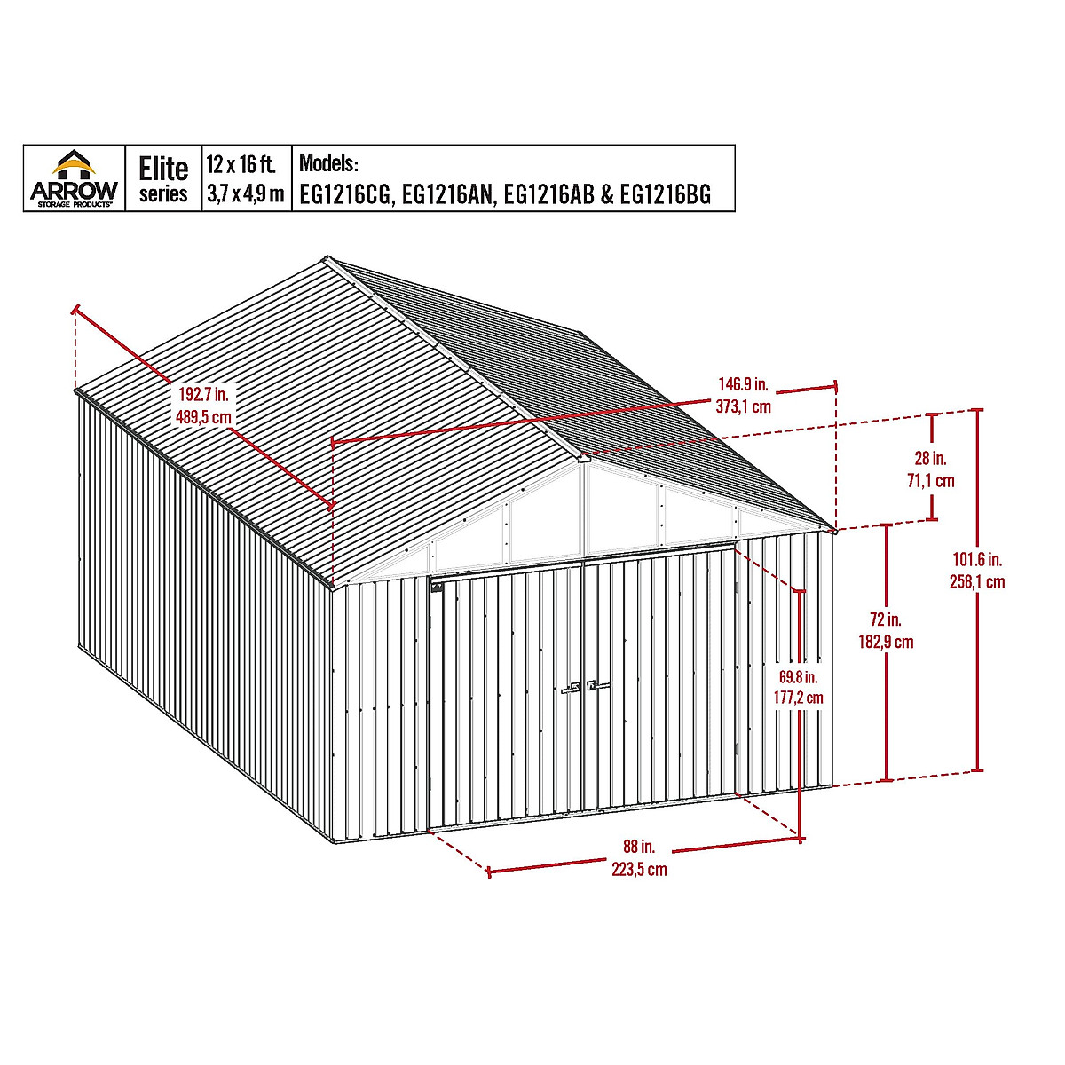 Arrow Shed Elite 12' x 16' Outdoor Lockable Gable Roof Steel Storage Shed Building, Anthracite