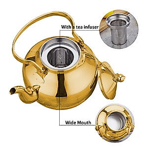 2000ml Gooseneck Teapot with Removable Infuser, 2.1qt Hot Water Kettle Boiling Water Pot, Stainless Steel Tea Kettle, Stovetop Safe Teapot Coffee Kettle for Coffee Blooming, Loose Tea, Gold