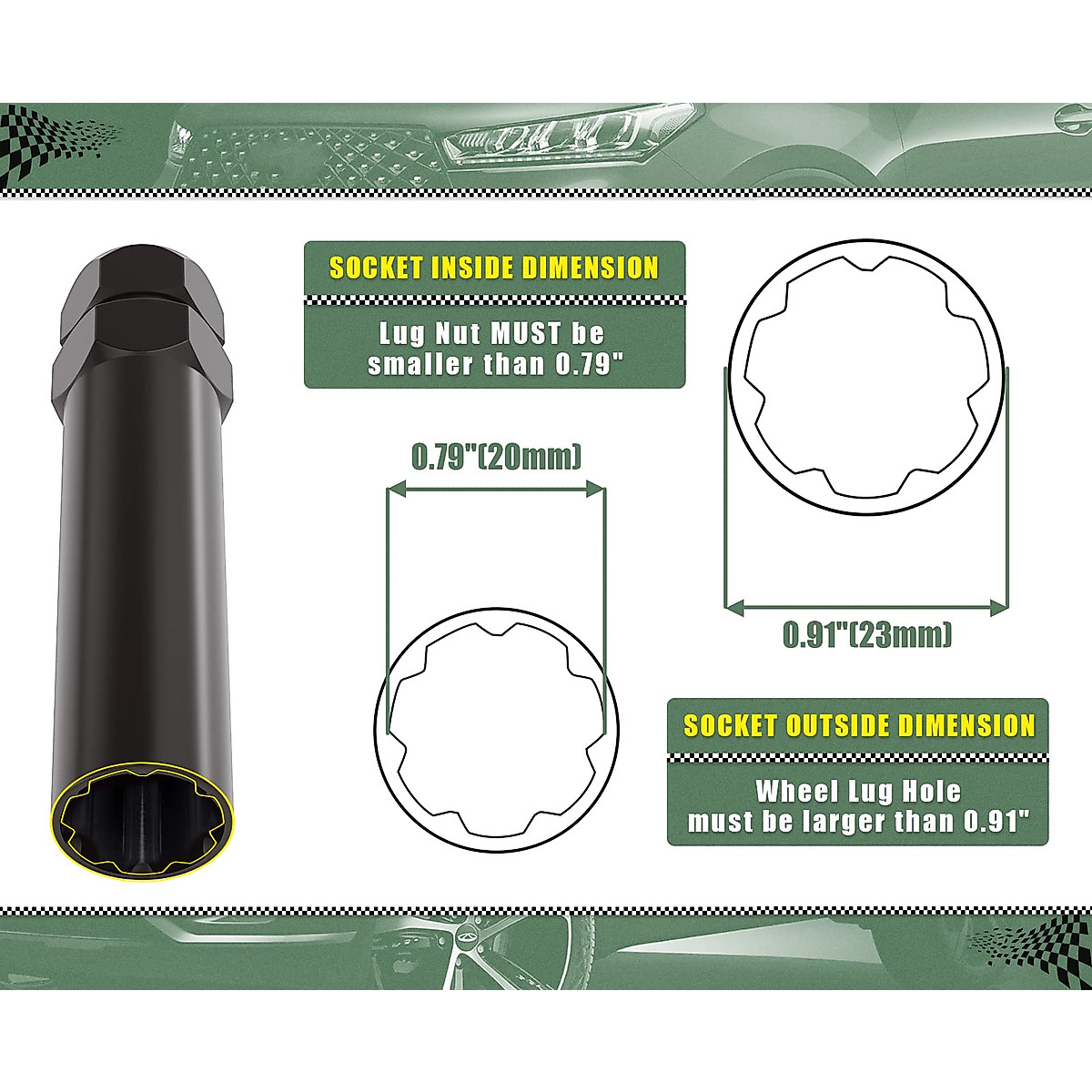 7 Spline Lug Nuts Key Tuner Large Socket Lugnuts Tool for Wrench with 13/16inch(21mm) and 7/8inch(22mm) Hex Replacement 14x1.5 14x2 9/16 Wheel Lug Nut Drive Lock Black 20mm Inner Diameter