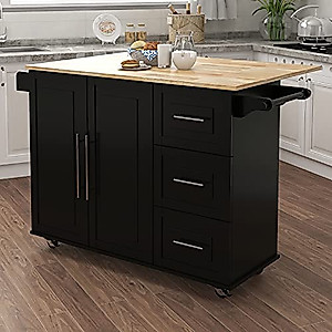 LostCat 43" Drop Leaf Kitchen Island Cart with 3 Drawers, Wood Table Top, Storage, Spice & Towel Rack for Dining Room, Living Room, Black
