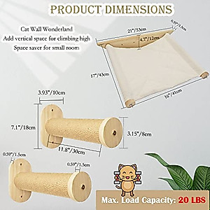 Cat Wall Shelves, Cat Hammock Wall Mounted Shelf with 2 Steps Cat Climbing Shelf and Sisal Cat Rope Scratching Post Cat Wall Furniture Cat Bridge Ladder Wooden Cat Wall Bed up to 20 lbs