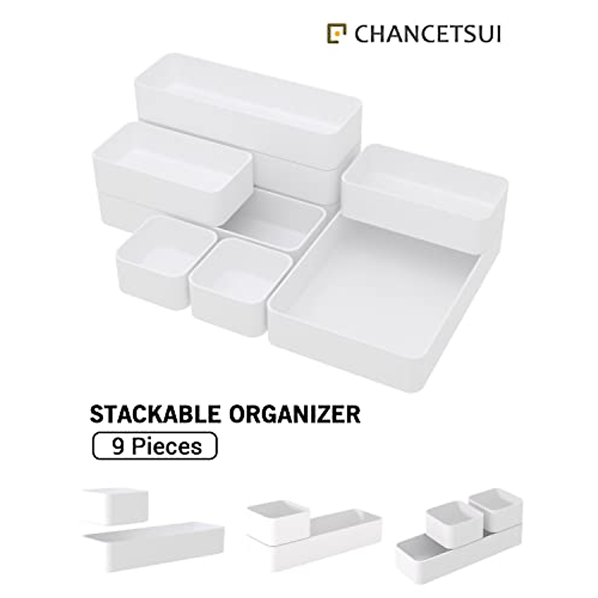 9 Pcs Stackable Drawer Organizer Trays Set, Multifunctional Stackable Storage Trays for Vanity, Bathroom, Kitchen, Desk Drawer Organizer Office. Plastic Drawer Organizers Available In 5 Colours, White