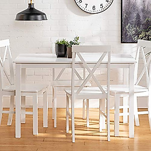 Walker Edison 4 Person Modern Farmhouse Wood Small Dining Table Dining Room Kitchen Table Set Dining 4 Chairs Set, 48 Inch, White & Buren Classic Grooved Door TV Stand, Solid White