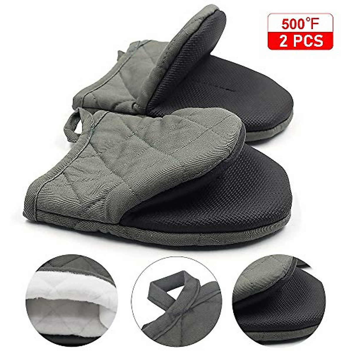 1 Pair Short Oven Mitts, Heat Resistant Silicone Kitchen Mini Oven Mitts for 500 Degrees, Non-Slip Grip Surfaces and Hanging Loop Gloves, Baking Grilling Barbecue Microwave Machine Washable (Gray)
