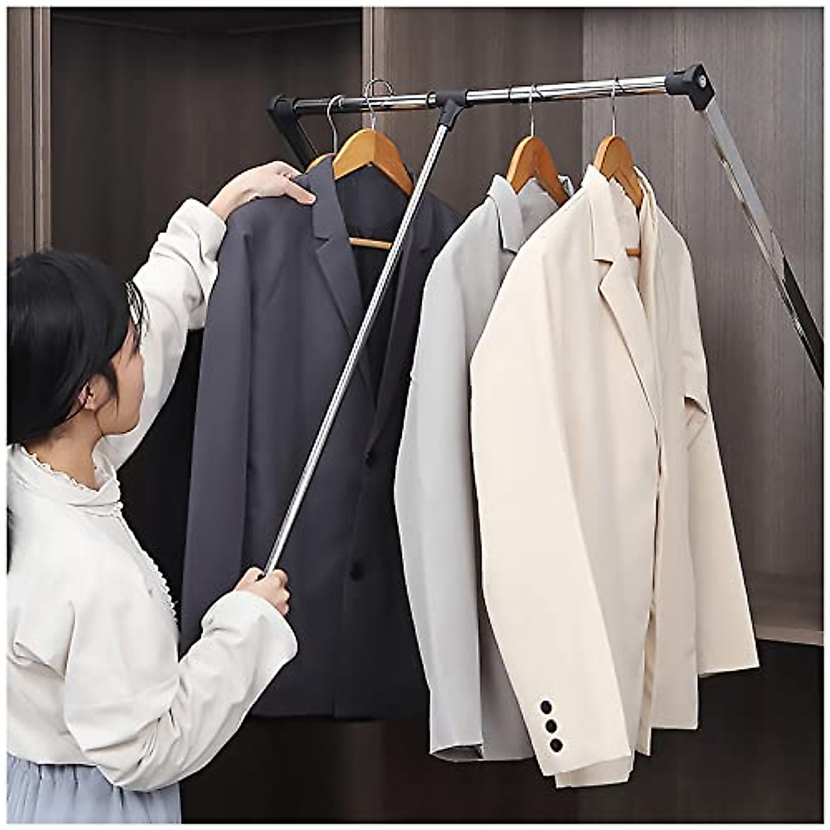 Pull Down Closet Rod, Pull Down Wardrobe Organizer, 26 lbs load capacity, Adjustable 35-47 Inch for Hanging Clothes Wardrobe Lift Rail Organizer, Heavy Duty Closet Pull Down Rods Hanger